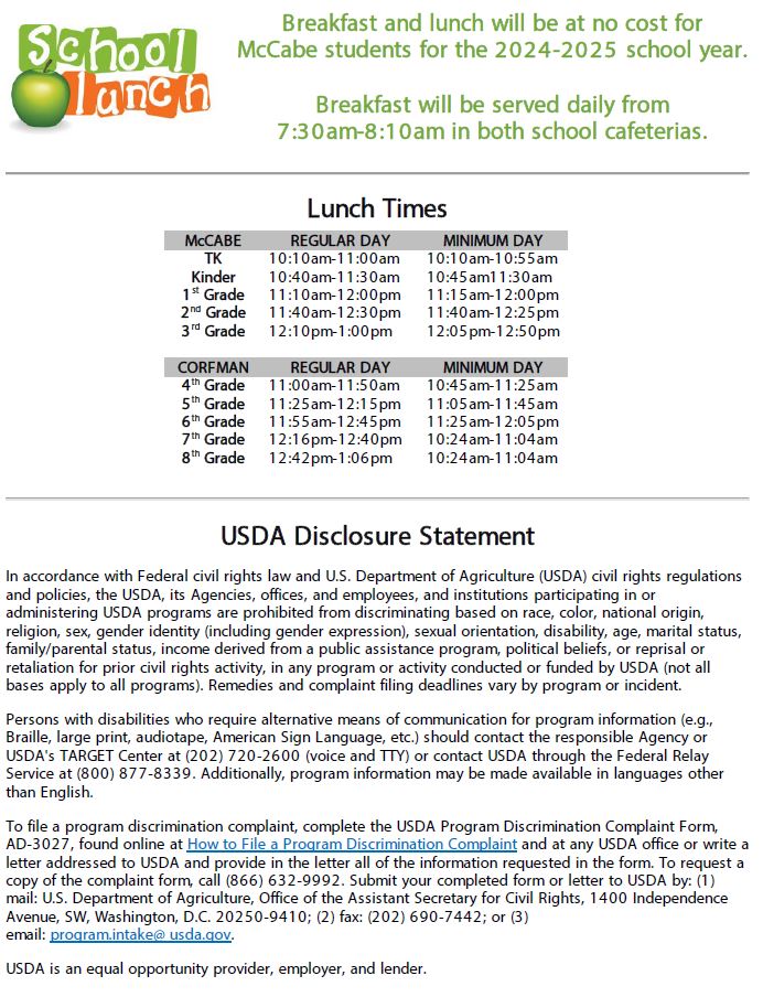 McCabe UESD - Cafeteria Menus (Breakfast and Lunch)